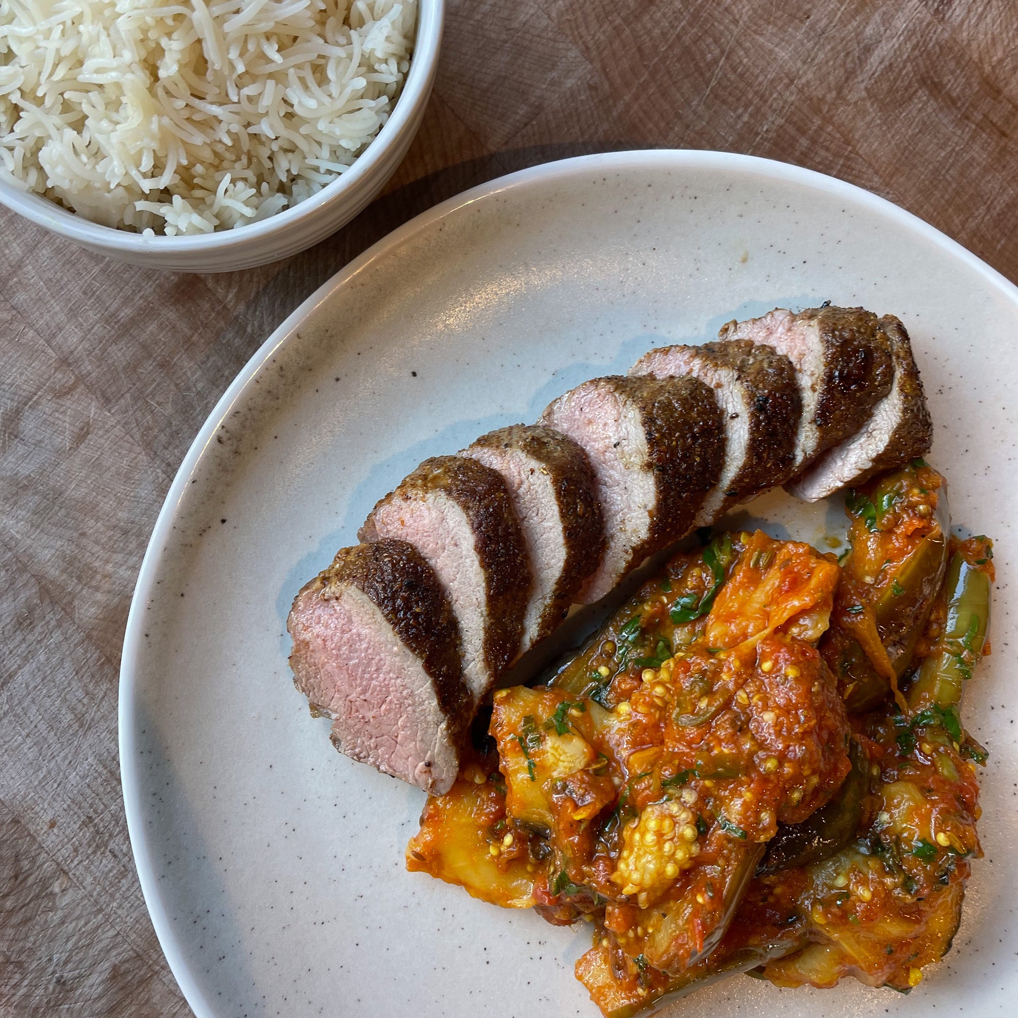 Spiced lamb cannon with aubergine curry & pilau rice by Barry Horne ...